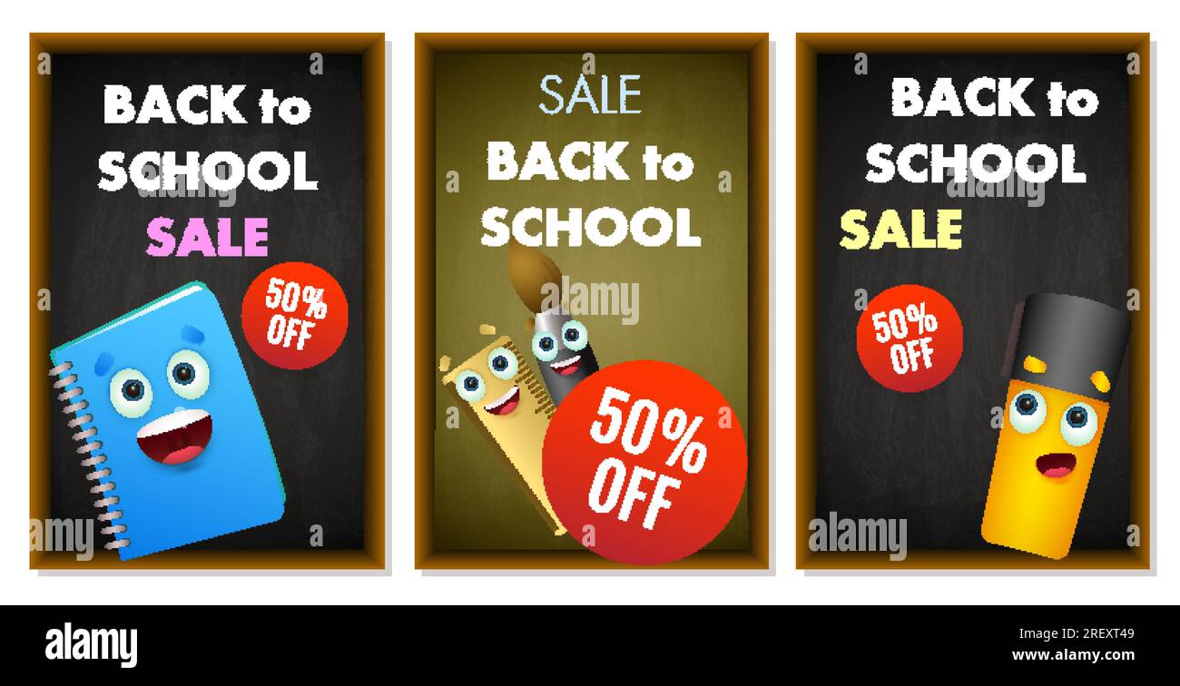 Sale flyers design with cute cartoon school supplies Stock Vector Image ...