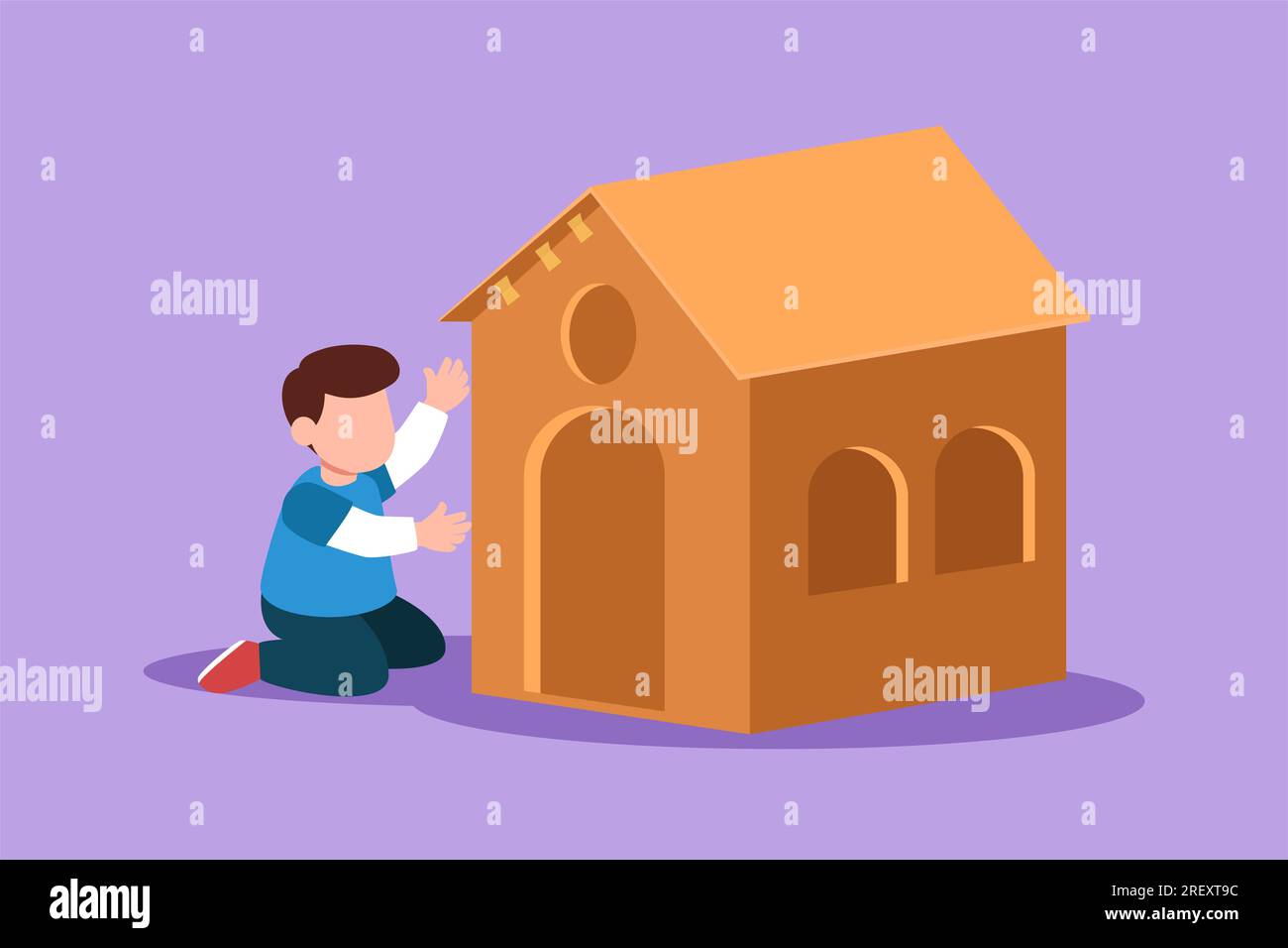 Graphic flat design drawing of adorable little boy playing in house ...