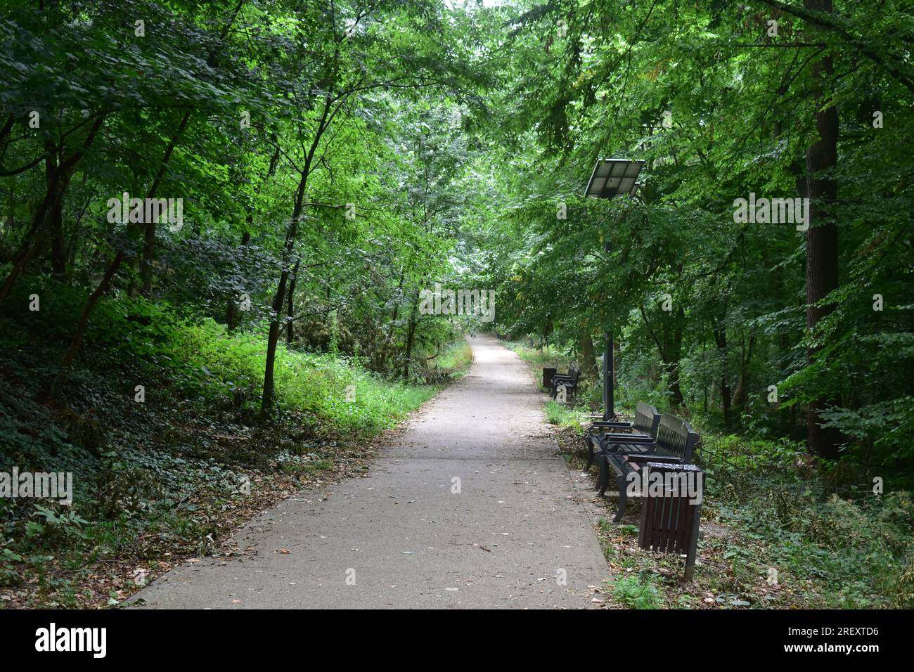 Solar panels in the park. Small solar panels for lightning in the ...
