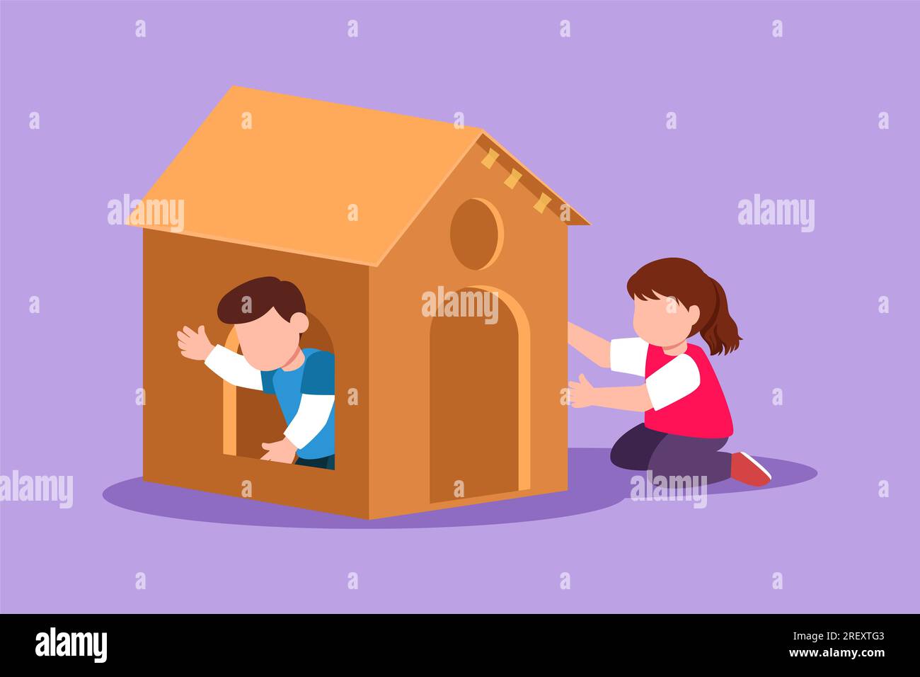Graphic flat design drawing of kids playing cardboard box toy house ...
