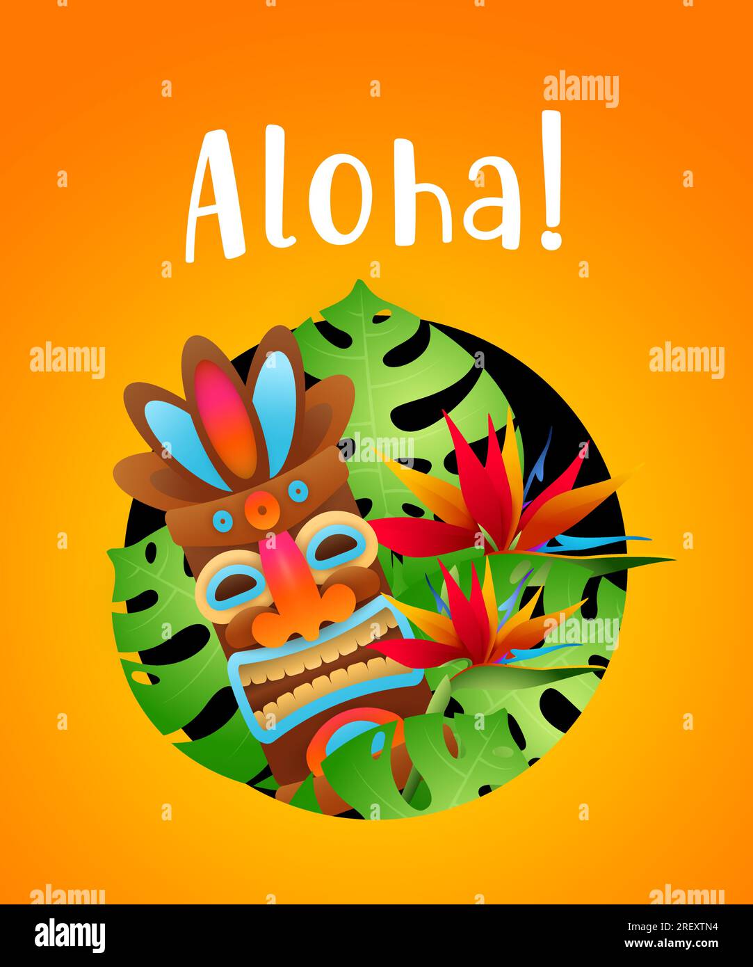 Aloha lettering with tropical plants and tribal mask in circle Stock ...