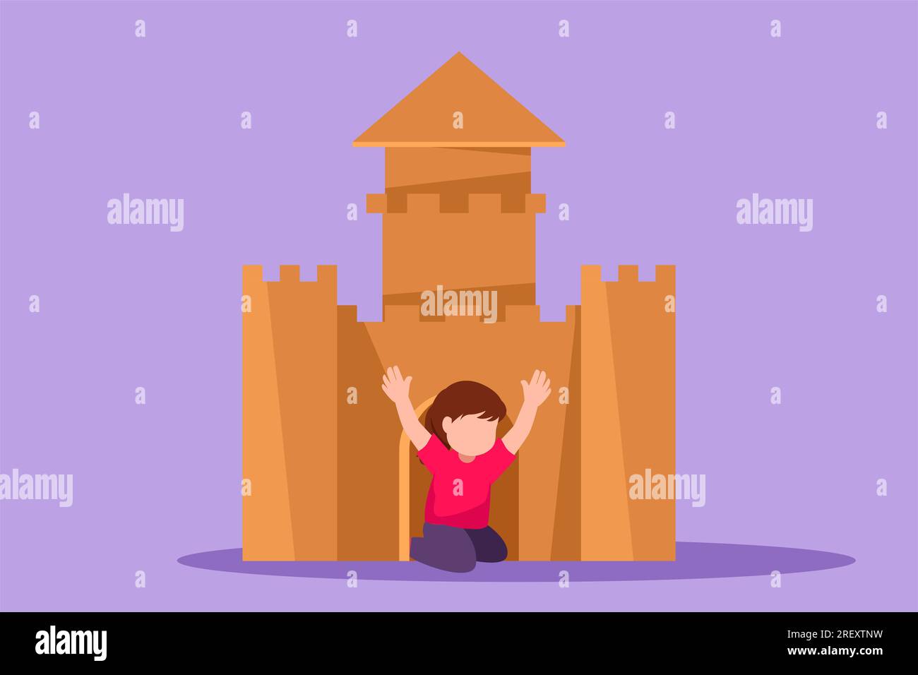 Graphic flat design drawing cheerful little girl playing in castle made ...