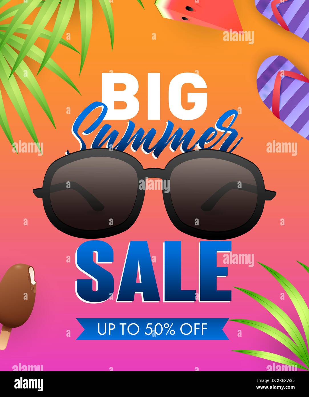 Big Summer Sale lettering with sunglasses and tropical leaves Stock ... Big Summer Sale lettering with sunglasses and tropical leaves Stock ...