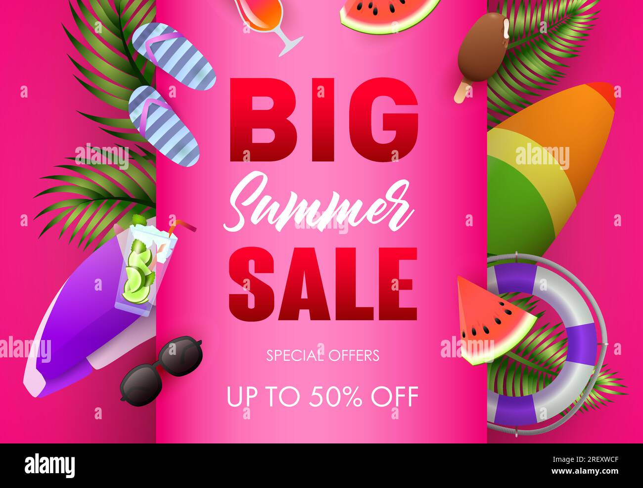Big summer sale poster design. Palm leaves, ice cream Stock Vector ...