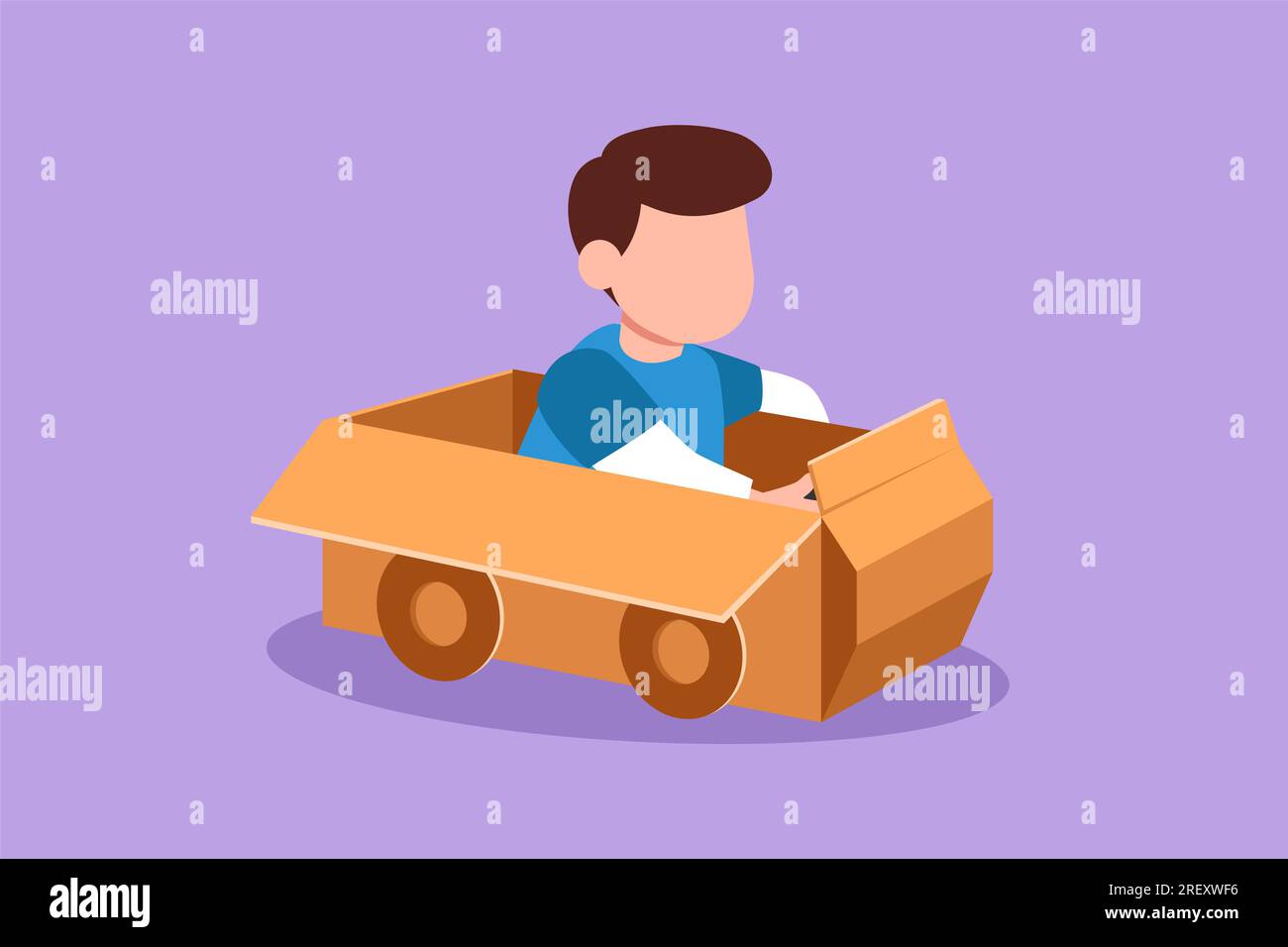 Graphic flat design drawing adorable little boy driving cardboard car ...