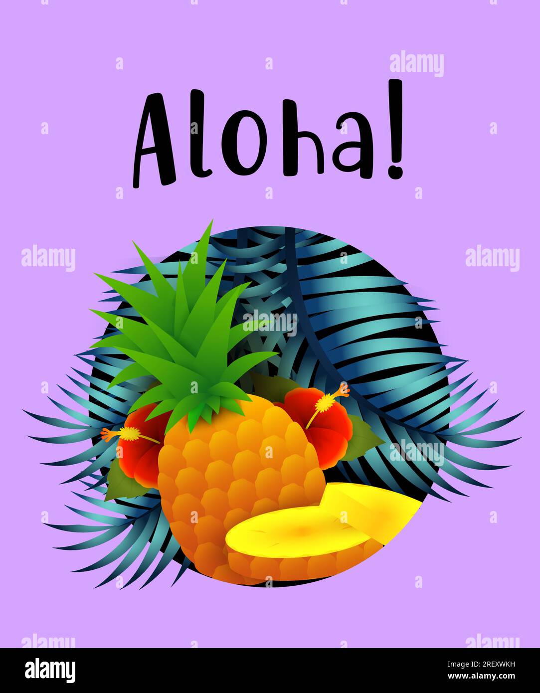 Aloha lettering with tropical leaves and pineapple in circle Stock ...