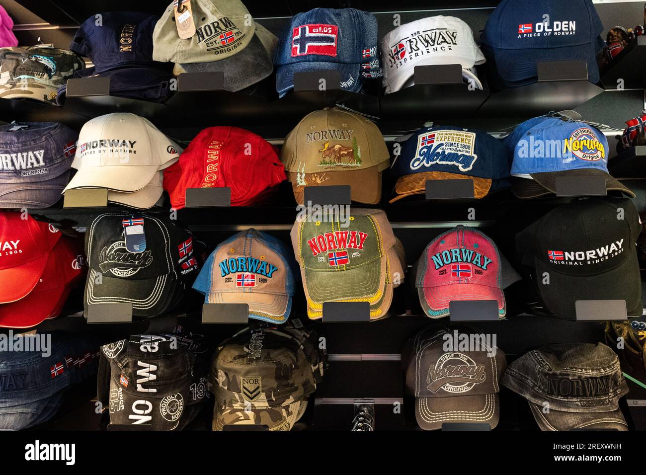 Olden, Norway. June 2nd, 2023. Baseball caps for sale in the fjord town ...