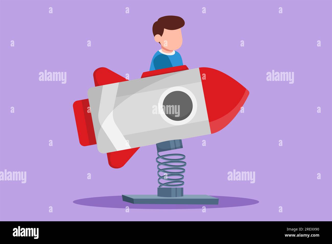 Cartoon flat style drawing little boy riding in toy rocket. Kid driving ...