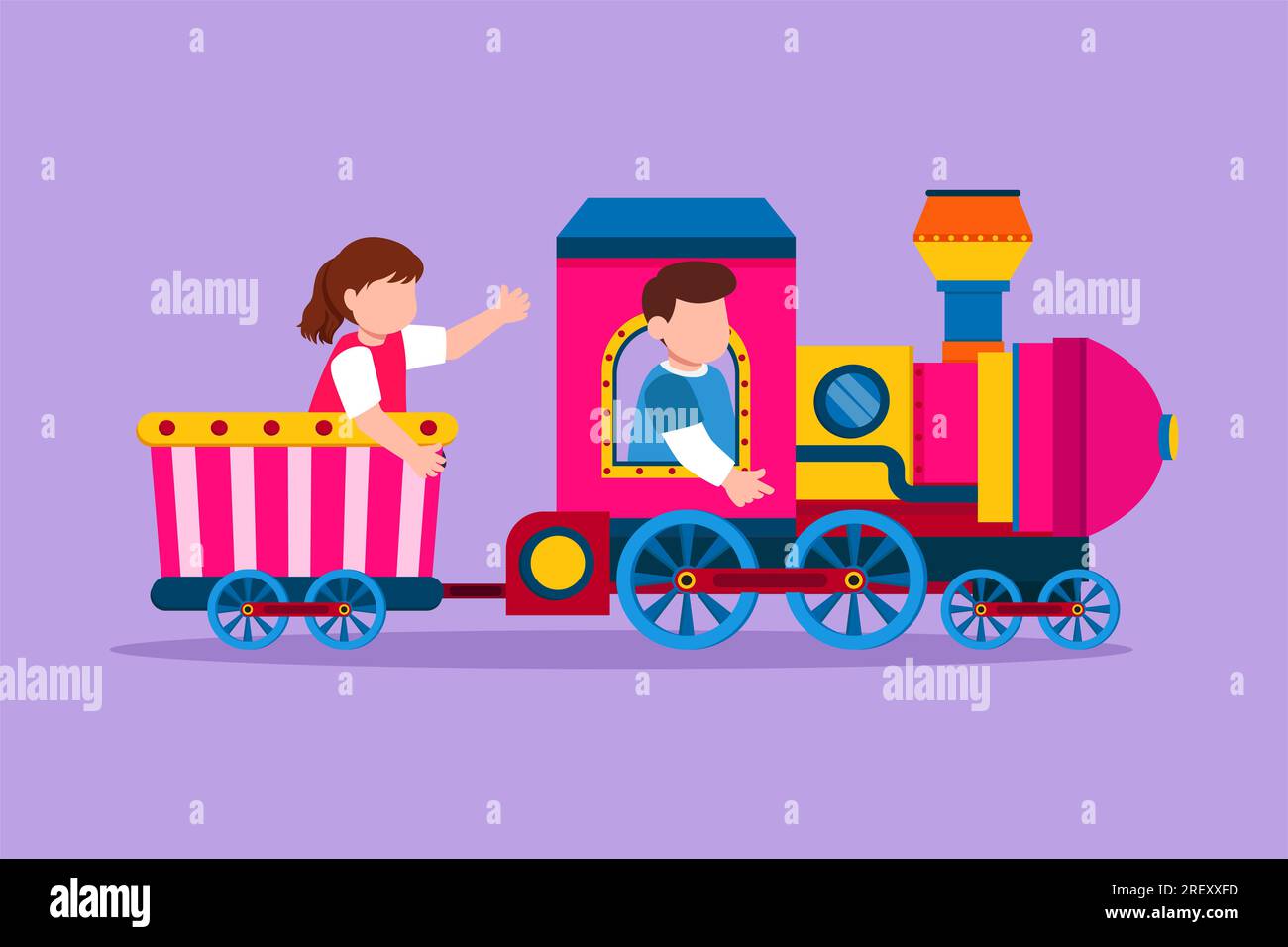 Cartoon flat style drawing cheerful little boy and girl riding on train ...