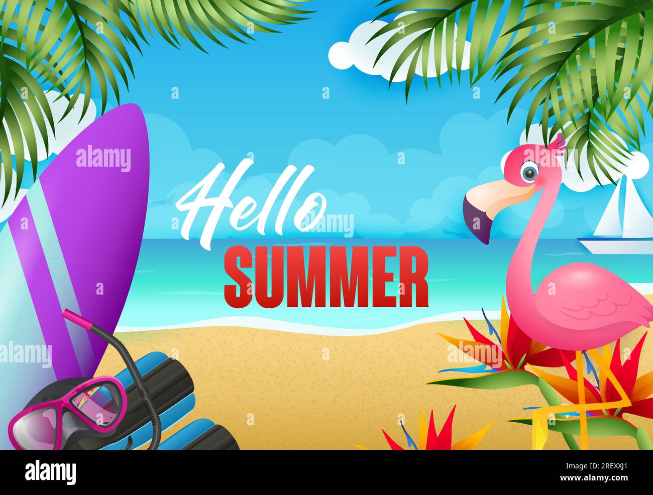 Hello summer flyer design. Flamingo, surfboard Stock Vector Image & Art ...
