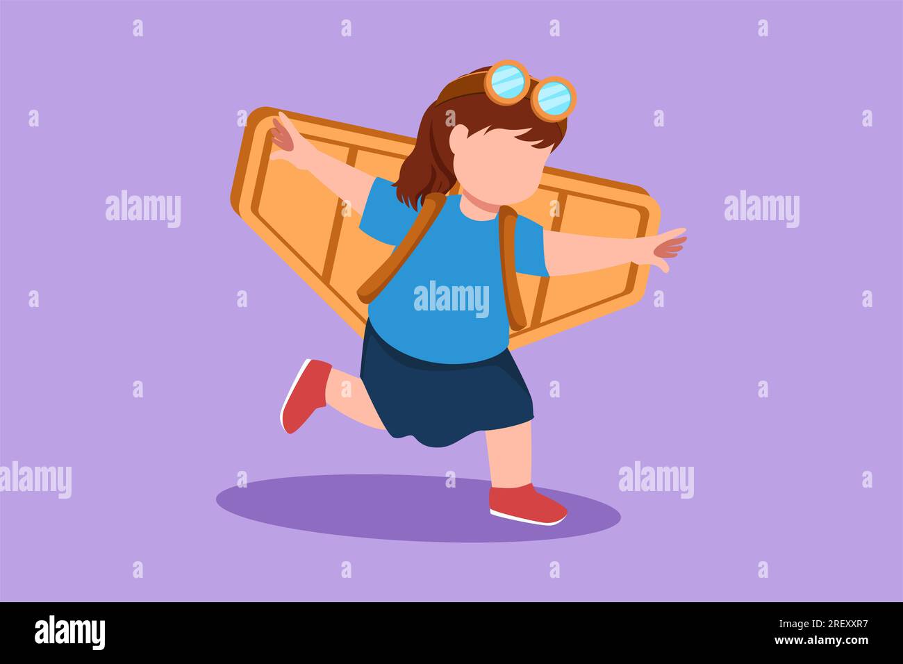 Cartoon flat style drawing happy pretty little girl play toy plane ...