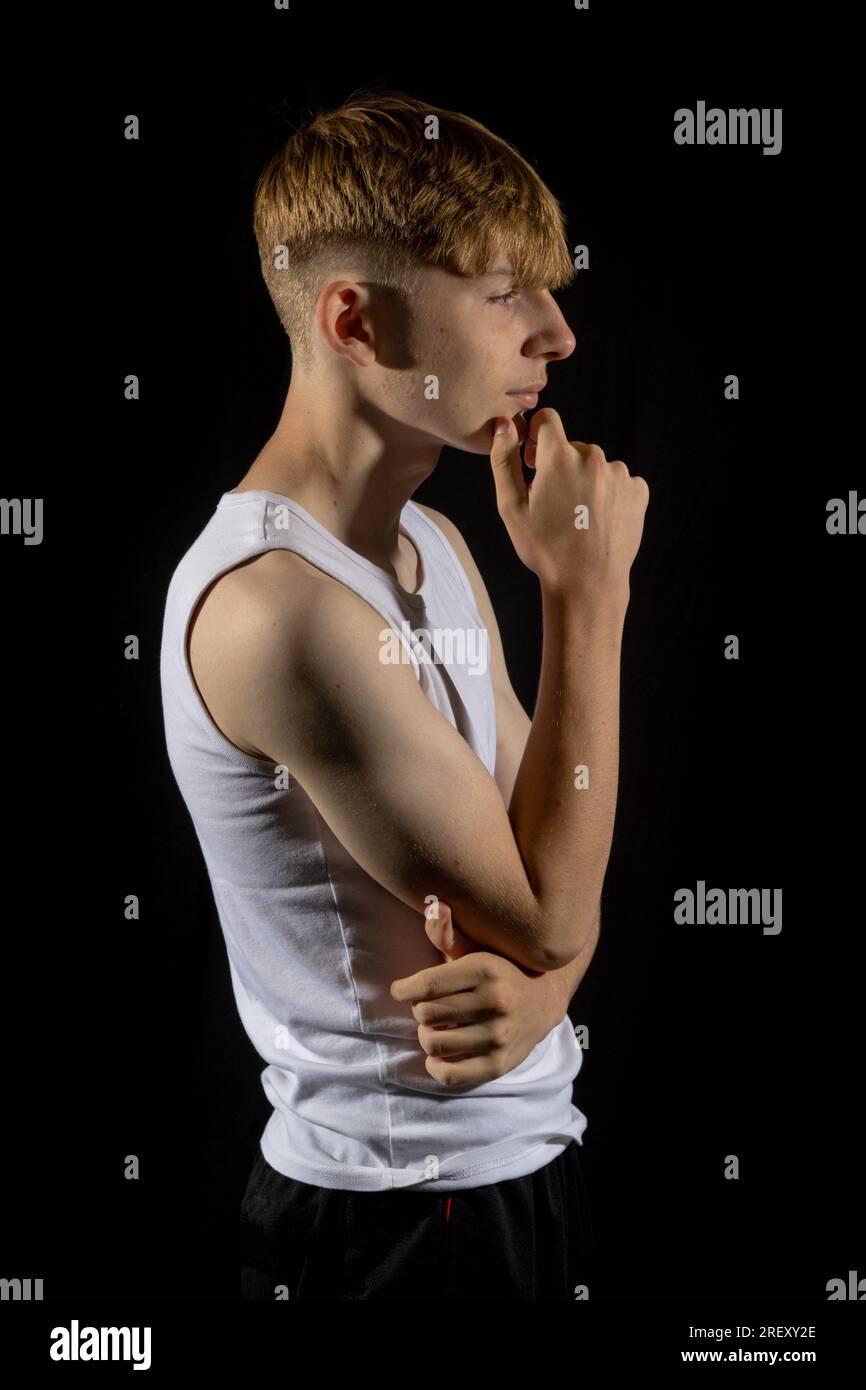 Portrait of a 14 year old caucasian teenage boy wearing a sleeveless ...