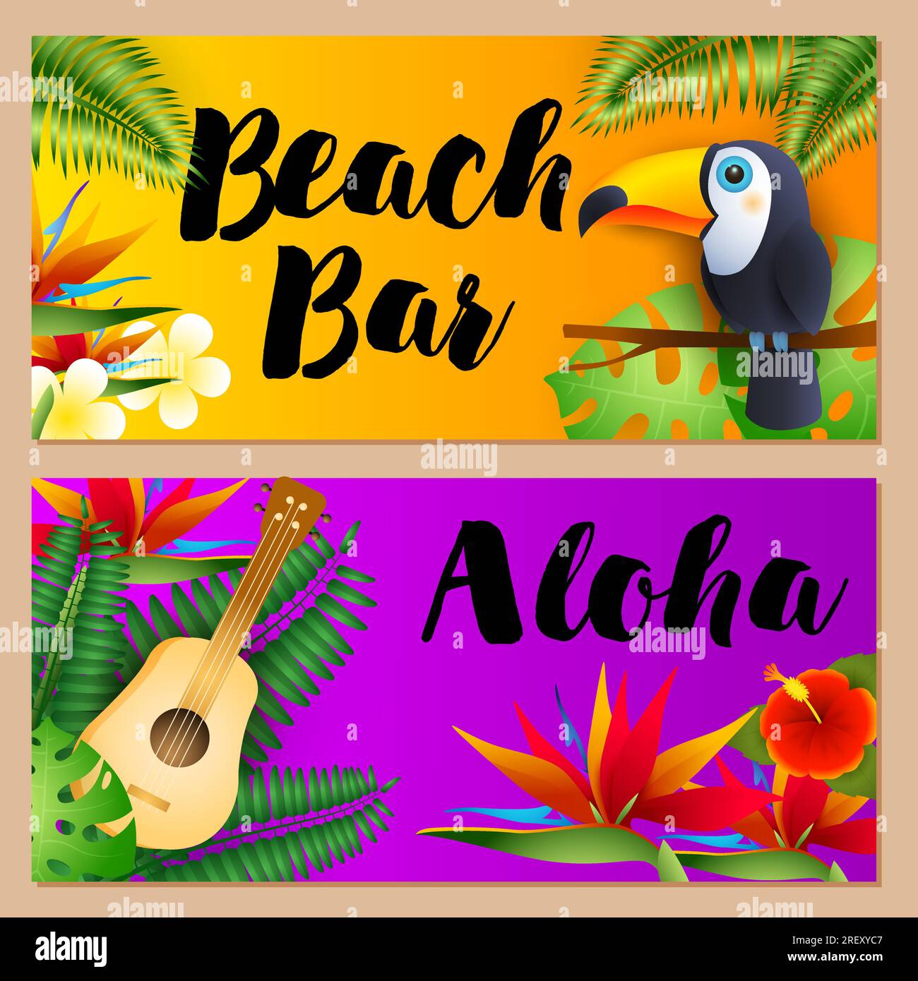 Beach Bar, Aloha letterings set, toucan and ukulele Stock Vector Image ...