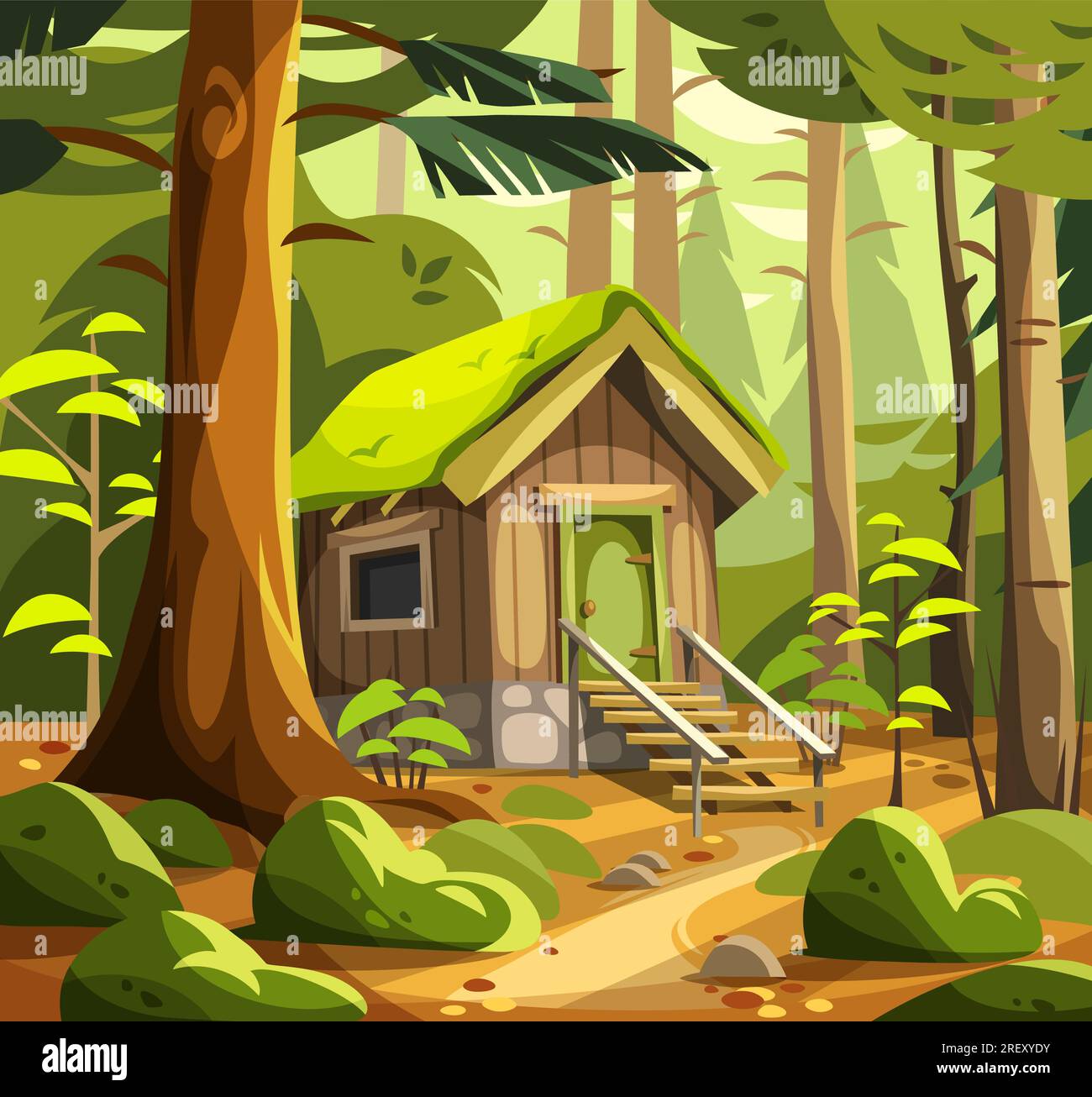 Wooden cabin in a green forest. Cartoon vector illustration Stock ...