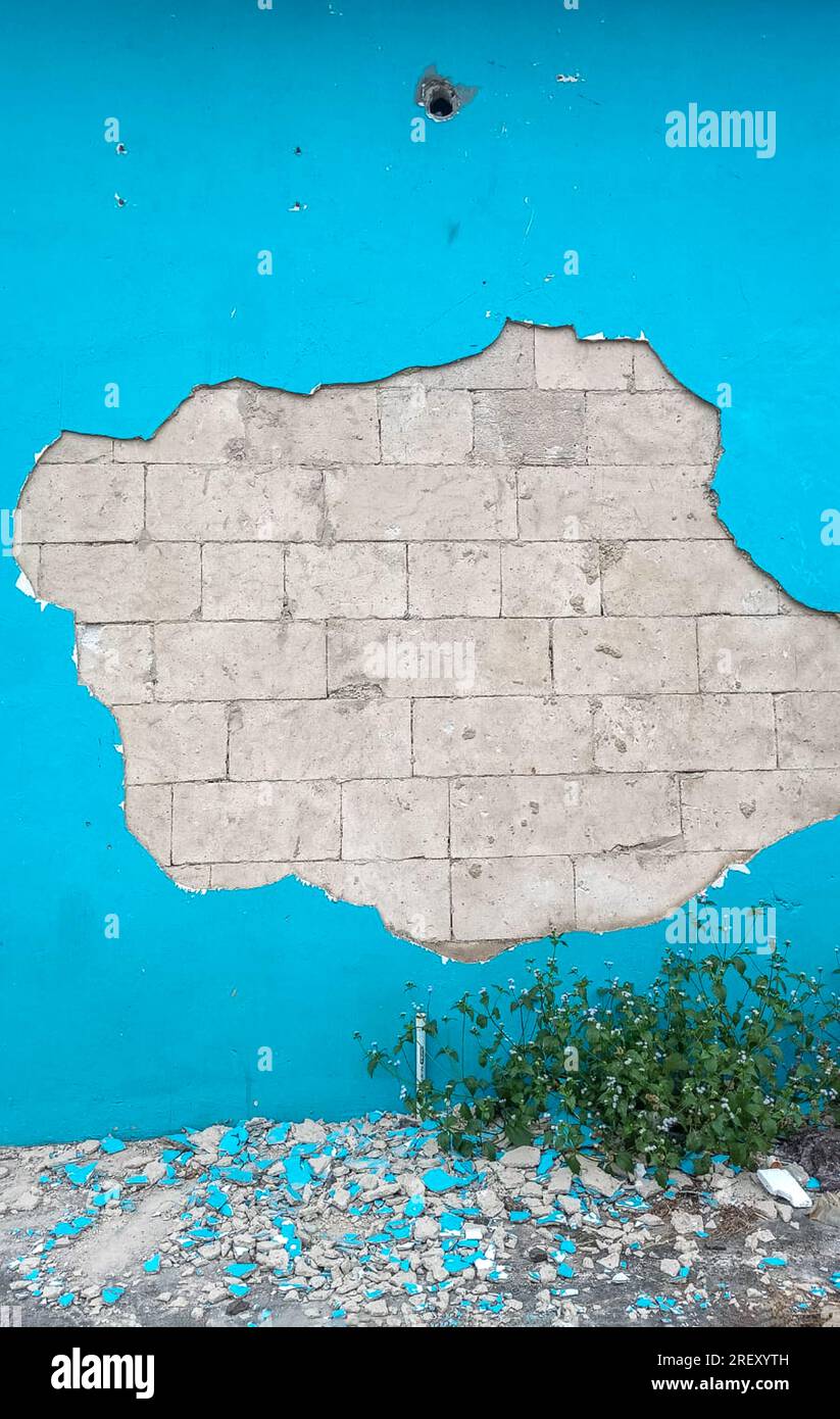 cracked surface of the blue wall with bricks in wall visible Stock ...