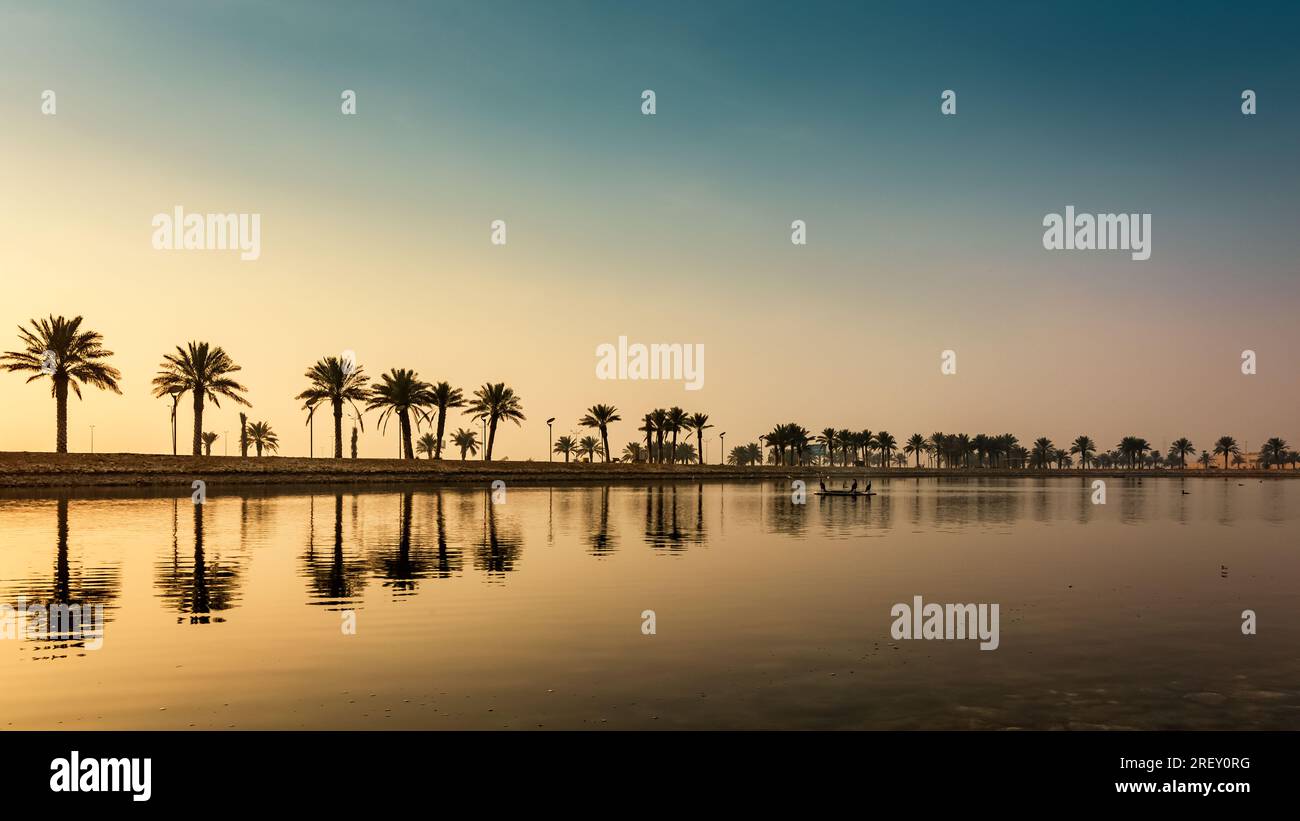 Morning view before sunrise in modon lake Dammam Saudi Arabia Stock ...