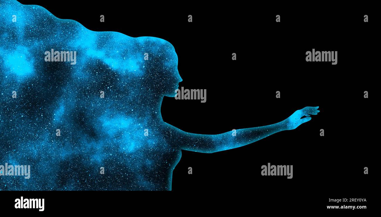Blue shining star universe in the shape of a woman's profile silhouette ...
