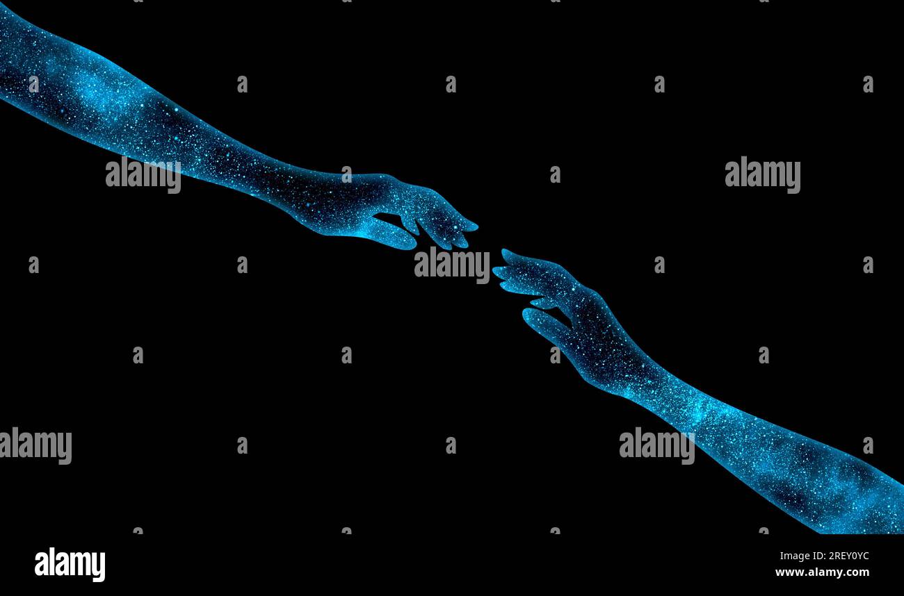 Two shining cosmic blue hands stretched out to each other on a black ...