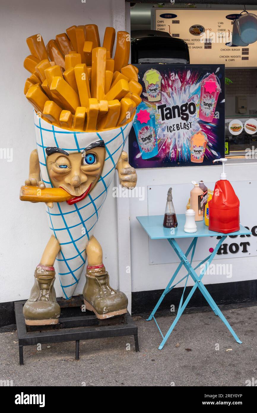 Quaint and quirky advertising character in the shape of a cone of chips ...