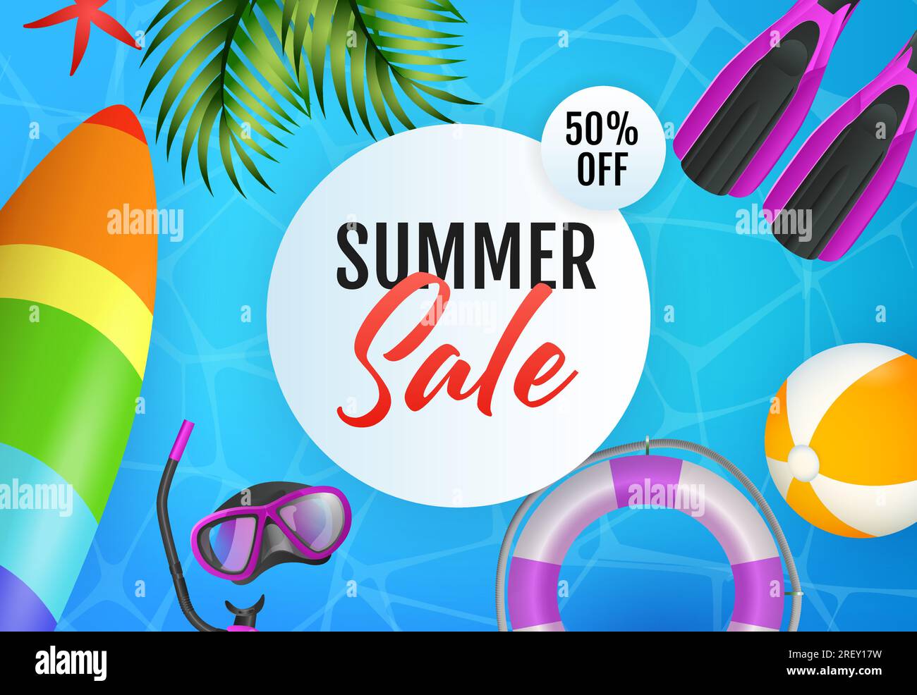 Summer Sale lettering, surfboard, snorkel and beach ball Stock Vector ...