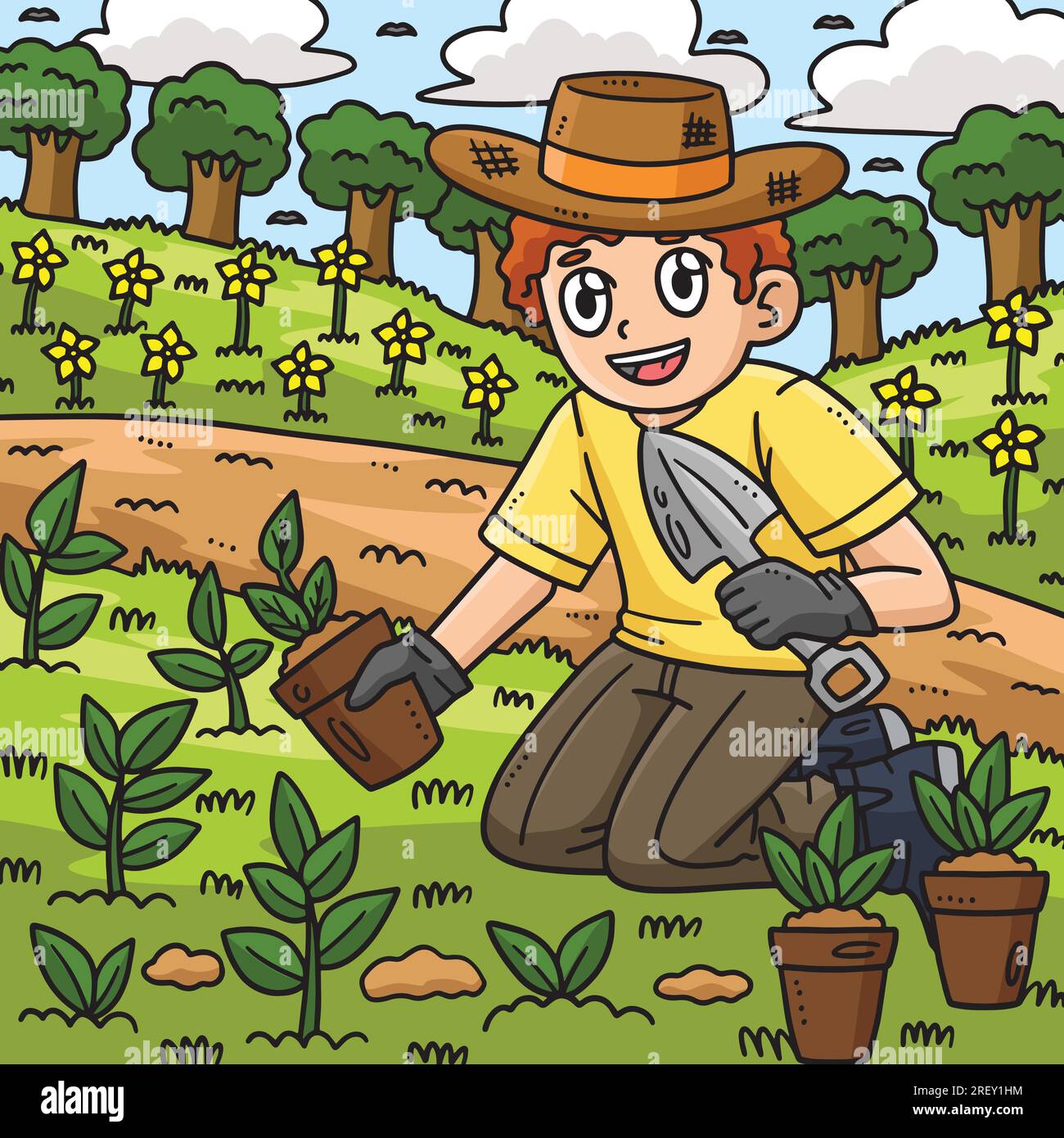 Labor Day Gardener Planting Seedlings Colored Stock Vector Image & Art ...