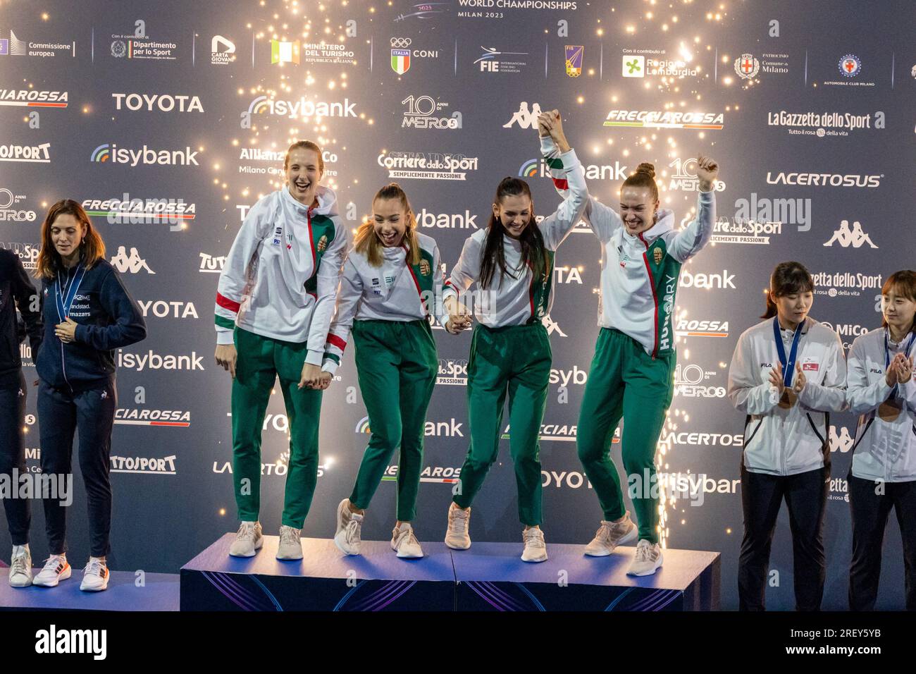 Milan, Italy. 30th July, 2023. Hungary team during FIE Senior Fencing ...
