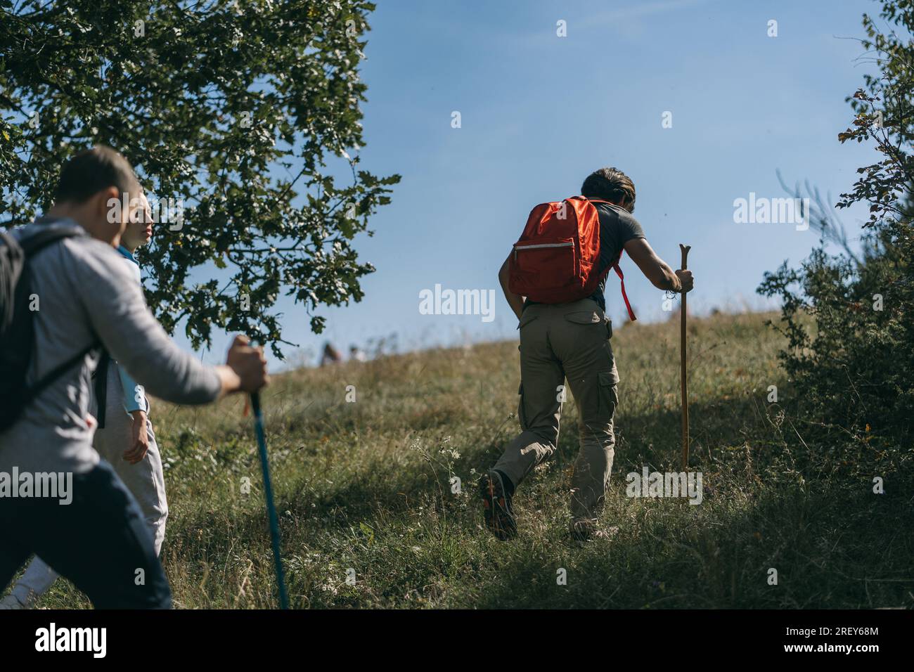 Strong male hiker is guiding his friends to the top of the mountain ...