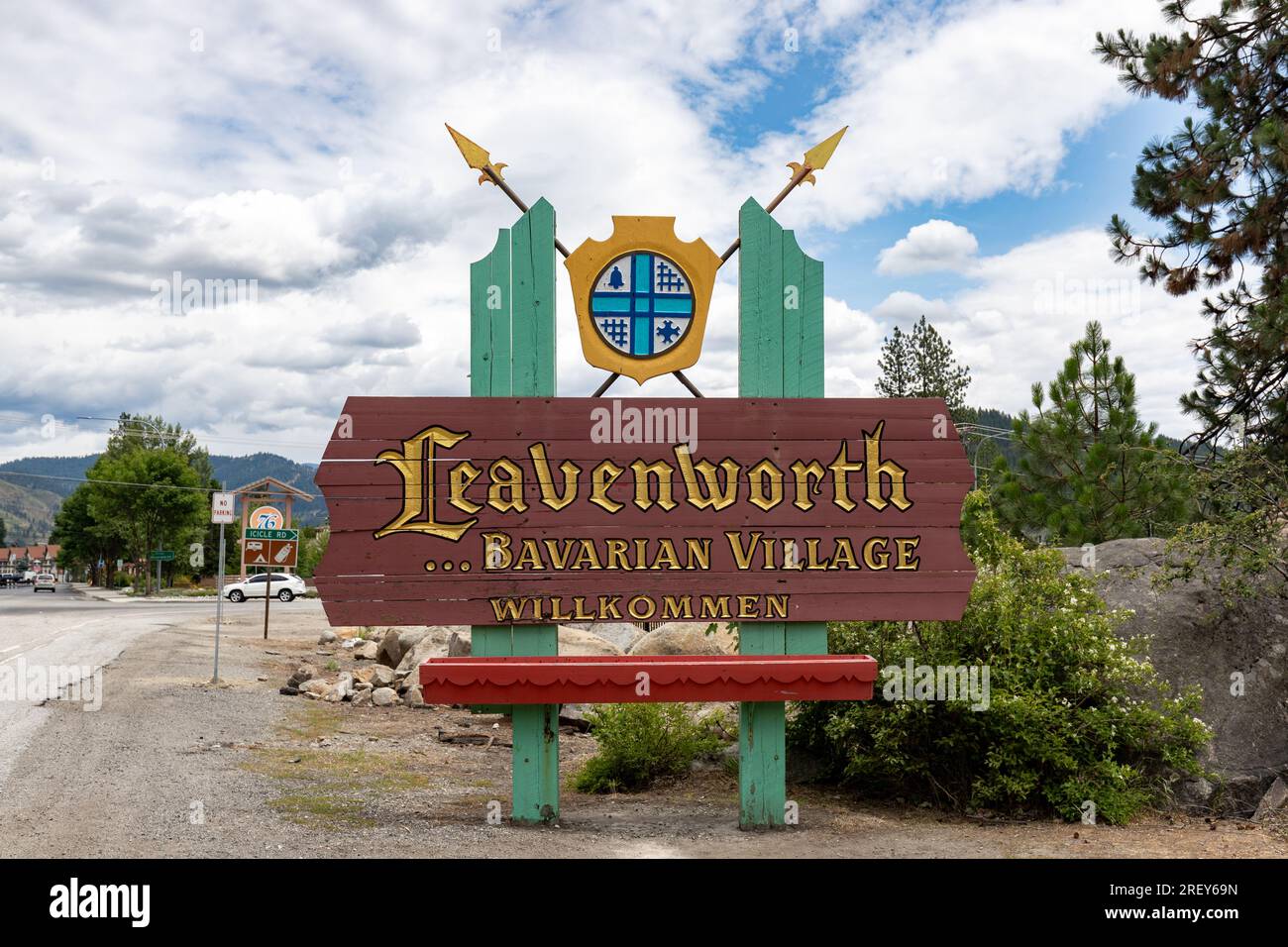Leavenworth, WA USA June 21, 2023 - Welcome to Leavenworth sign greets ...