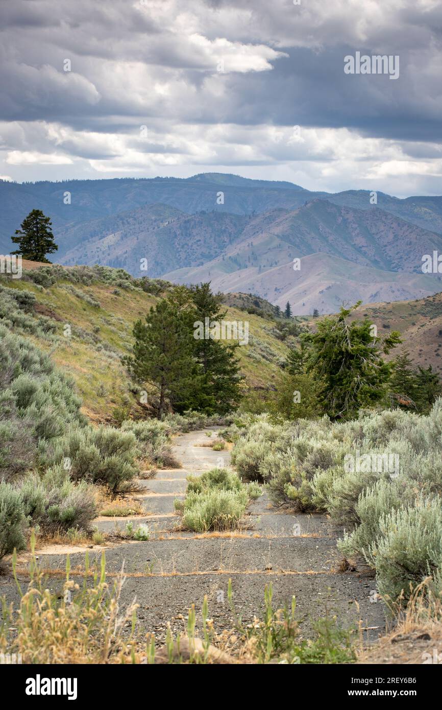 An old crumbing single lane road cut off by a landslide that was never ...