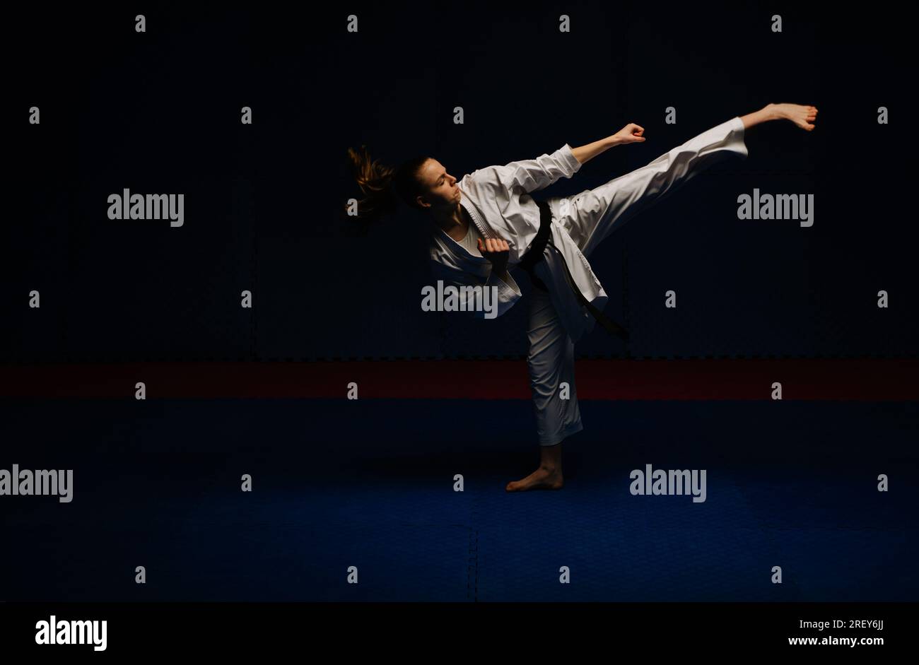 Silhouette of a karate girl doing Mawashi Geri practice at the karate ...
