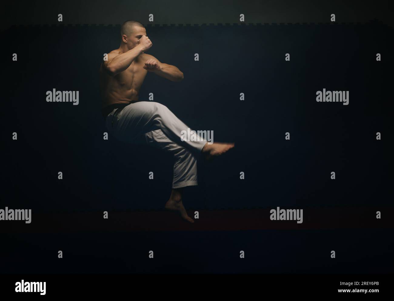 Good looking karate man jumping in the air while doing some karate pose ...