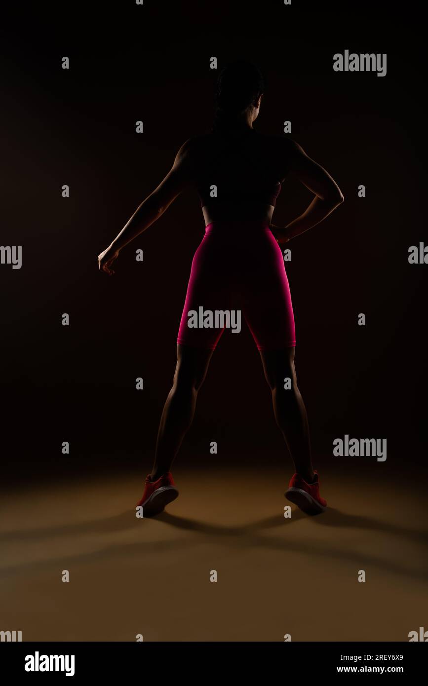 A back view photo of fit female exercising her calf muscles. Silhouette ...