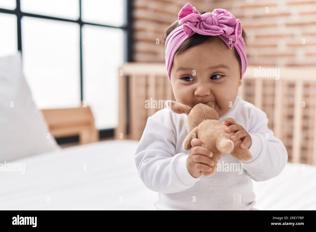 Adorable hispanic baby sitting on bed bitting toy at bedroom Stock ...