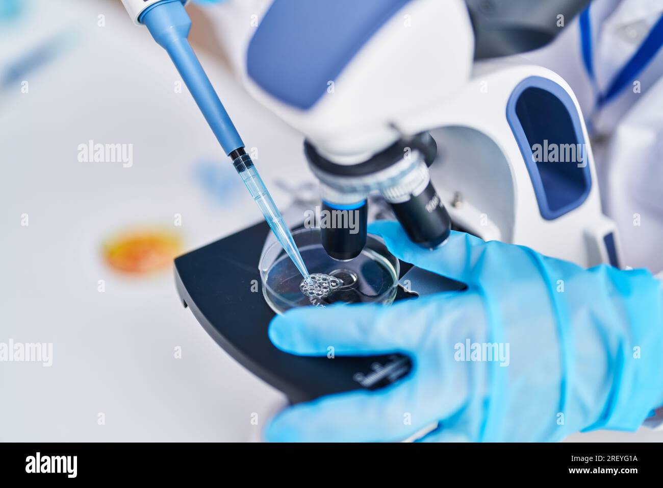 Young woman scientist pouring liquid on sample using microscope at ...