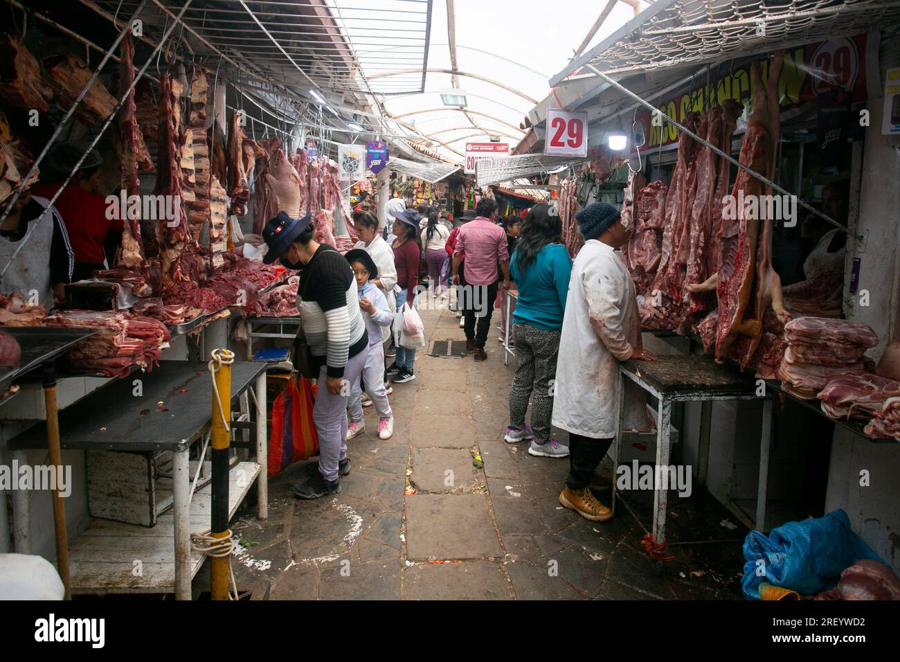 Cusco, Peru; 1st January 2023: Stall selling meat in the central market ...