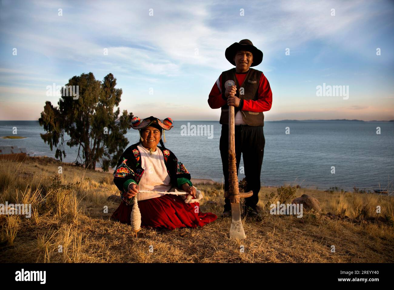 Llachon, Peru; 1st January 2023: Local farmer and his wife in Llachon ...