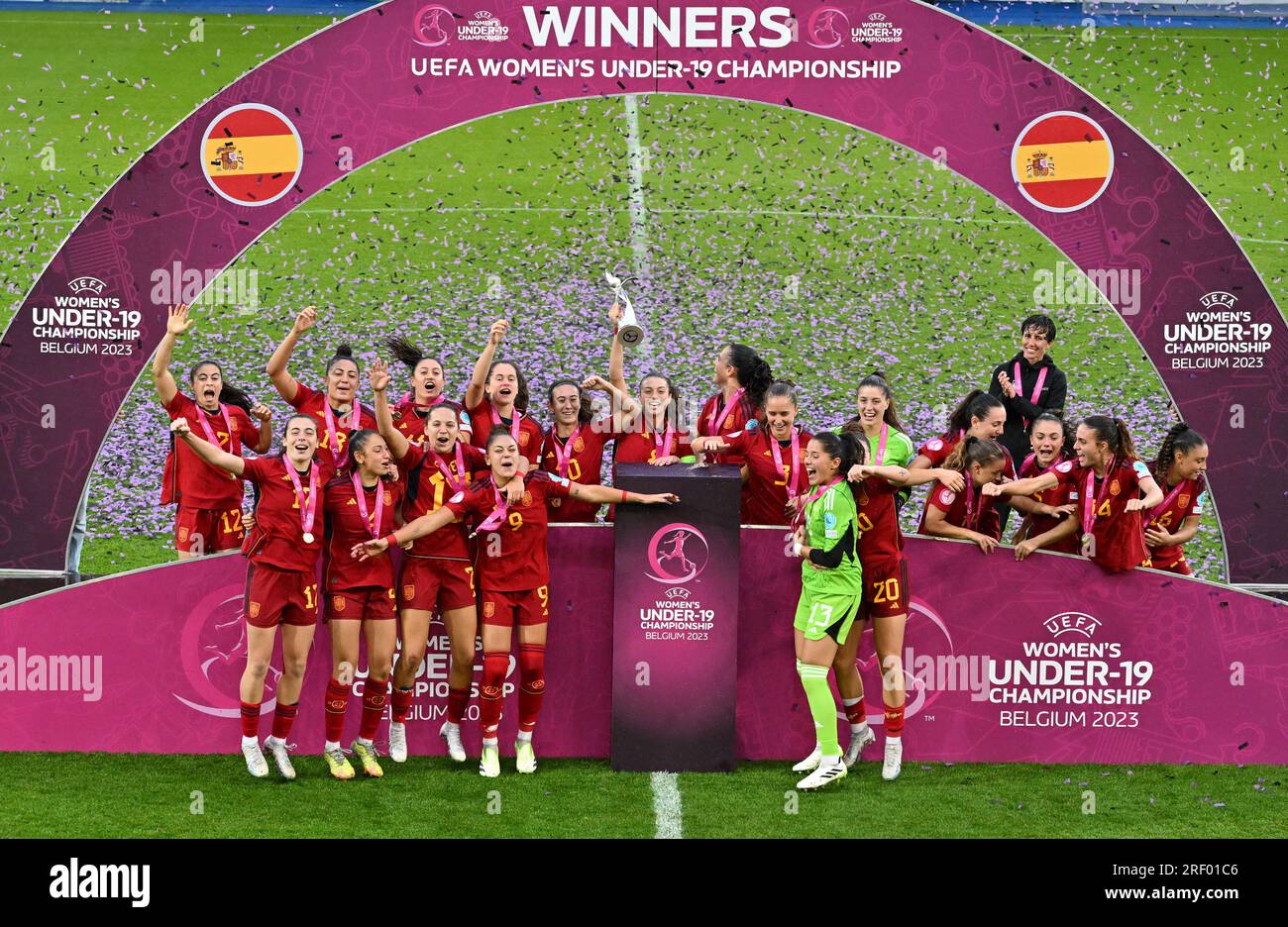 Leuven, Belgium. 30th July, 2023. players of Spain pictured celebrating after winning a female ...