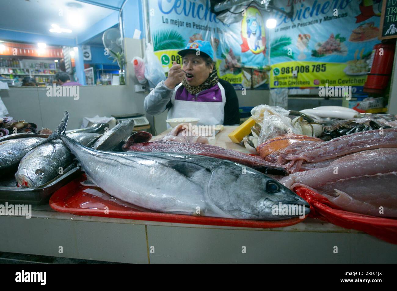 Lima, Peru; 1st January 2023: Food stall with fish in the Surquillo ...