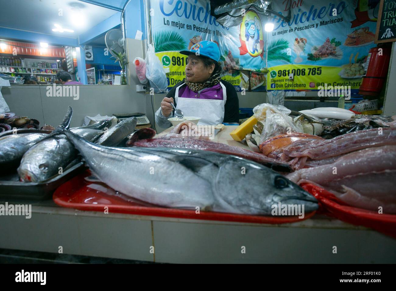 Lima, Peru; 1st January 2023: Food stall with fish in the Surquillo ...