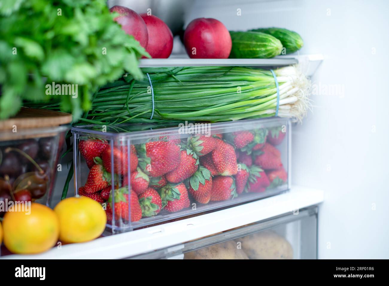 Open fridge full of fresh fruits and vegetables, vegetarian food ...
