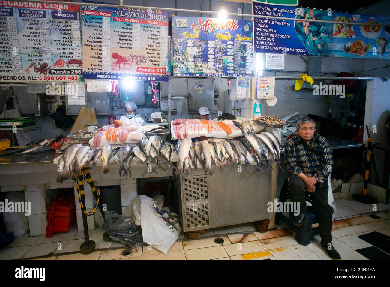 Lima, Peru; 1st January 2023: Food stall with fish in the Surquillo ...