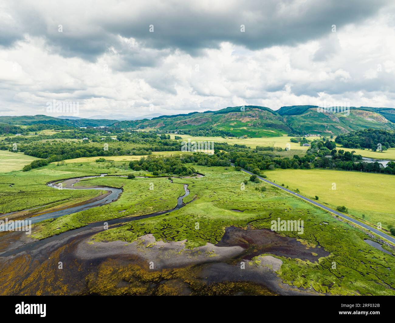 Loch Feochan and Feochan Bheag River from a drone, Feochan Glen, Oban ...