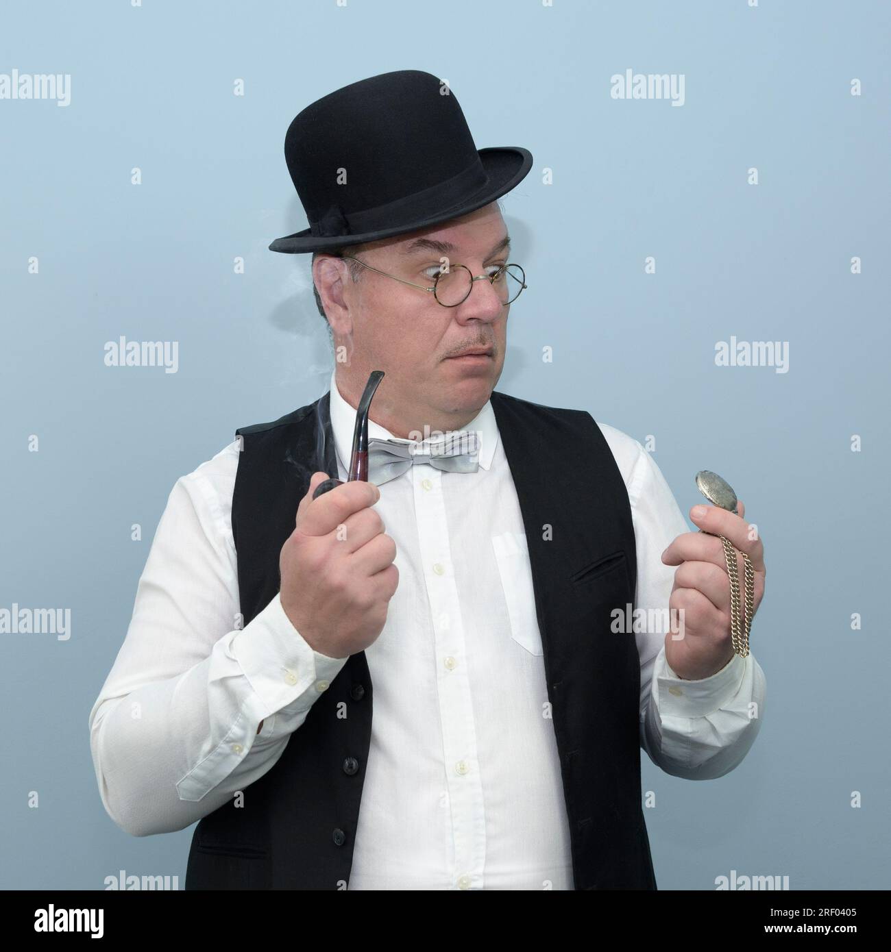 Retro portrait of a man. sketch. Funny plot of being late. bowler hat ...