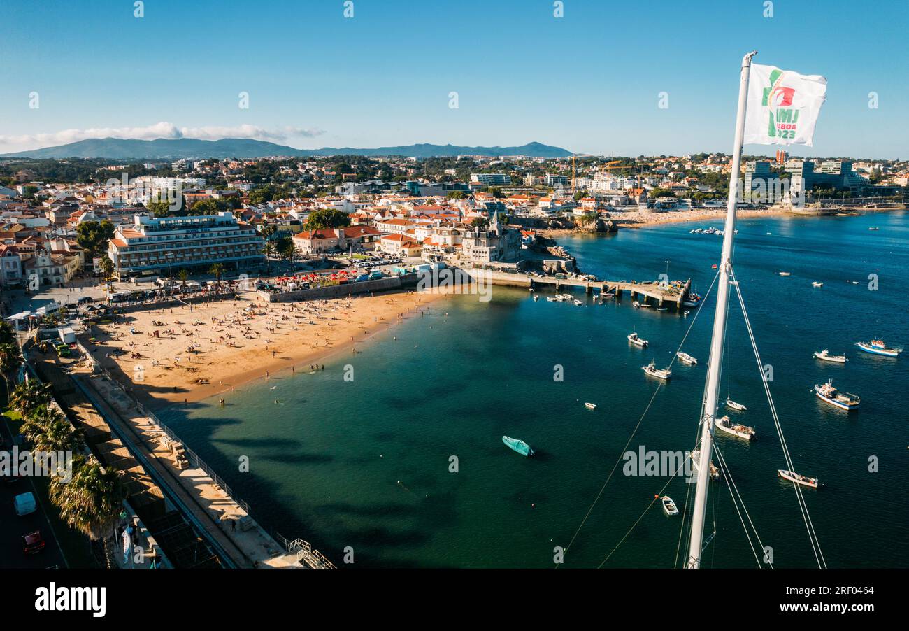 View of flag at Cascais Bay promoting Pope Francis's visit to Cascais ...