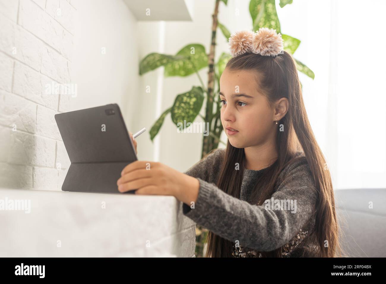 Happy smiling arab indian girl student watching learning online video ...