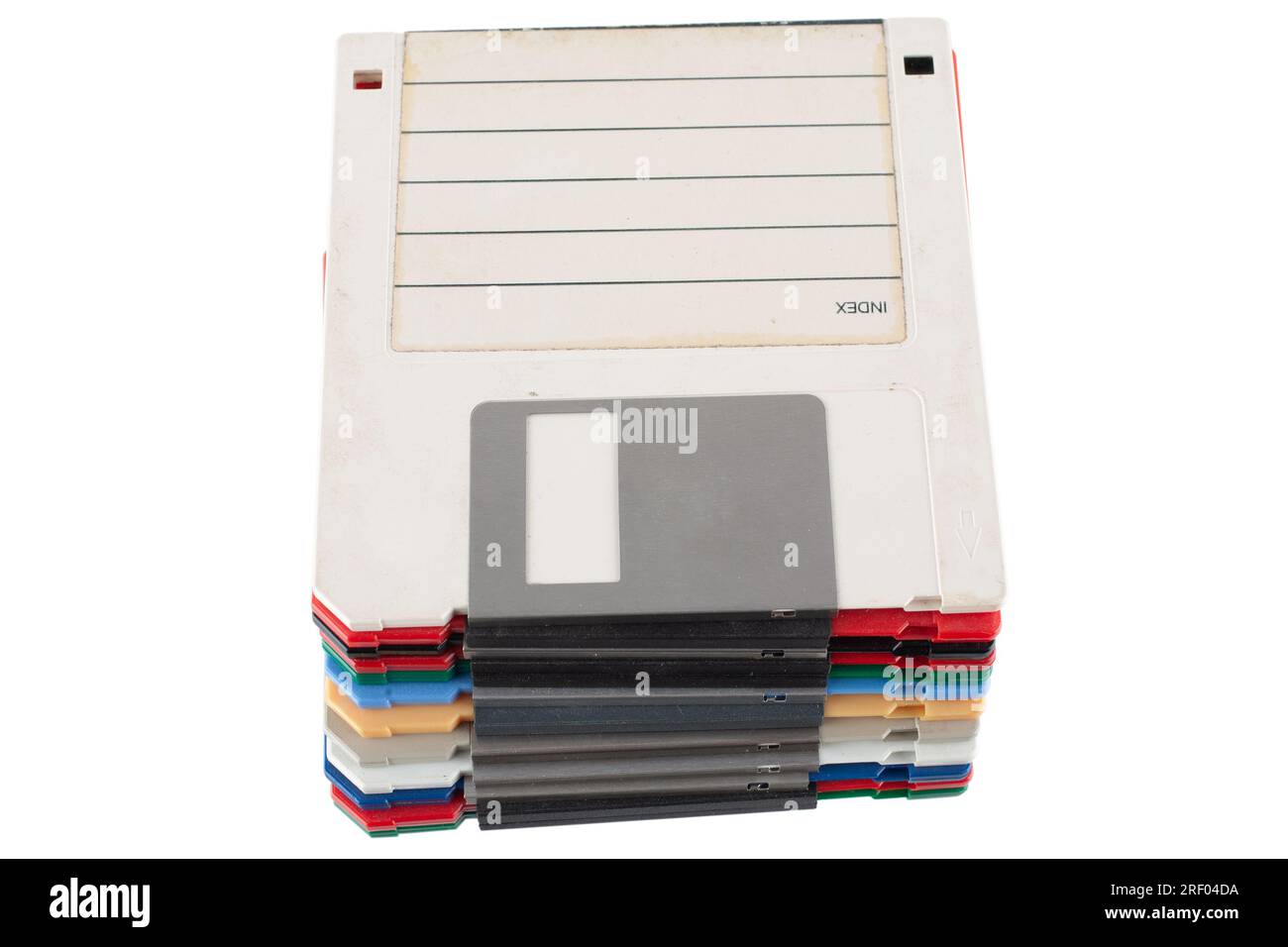 Colored old retro floppy diskettes in stack. Isolated on white ...