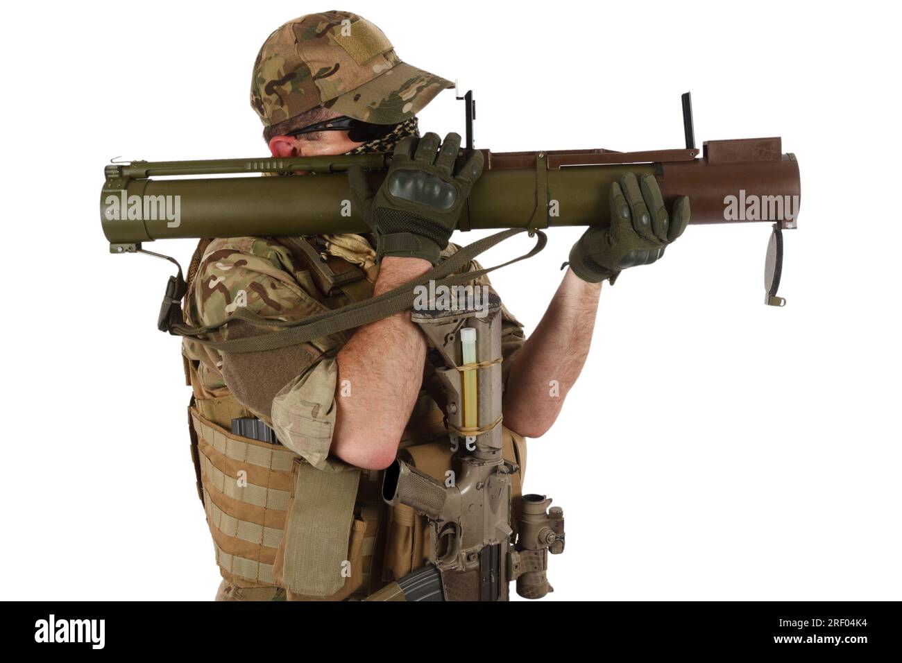 special forces operator fire RPG rocket launcher isolated on white ...