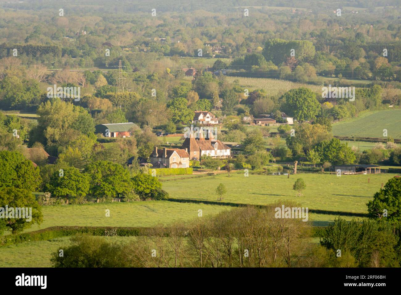 Aerial view of the fields and villages in the countryside in Kent, UK ...