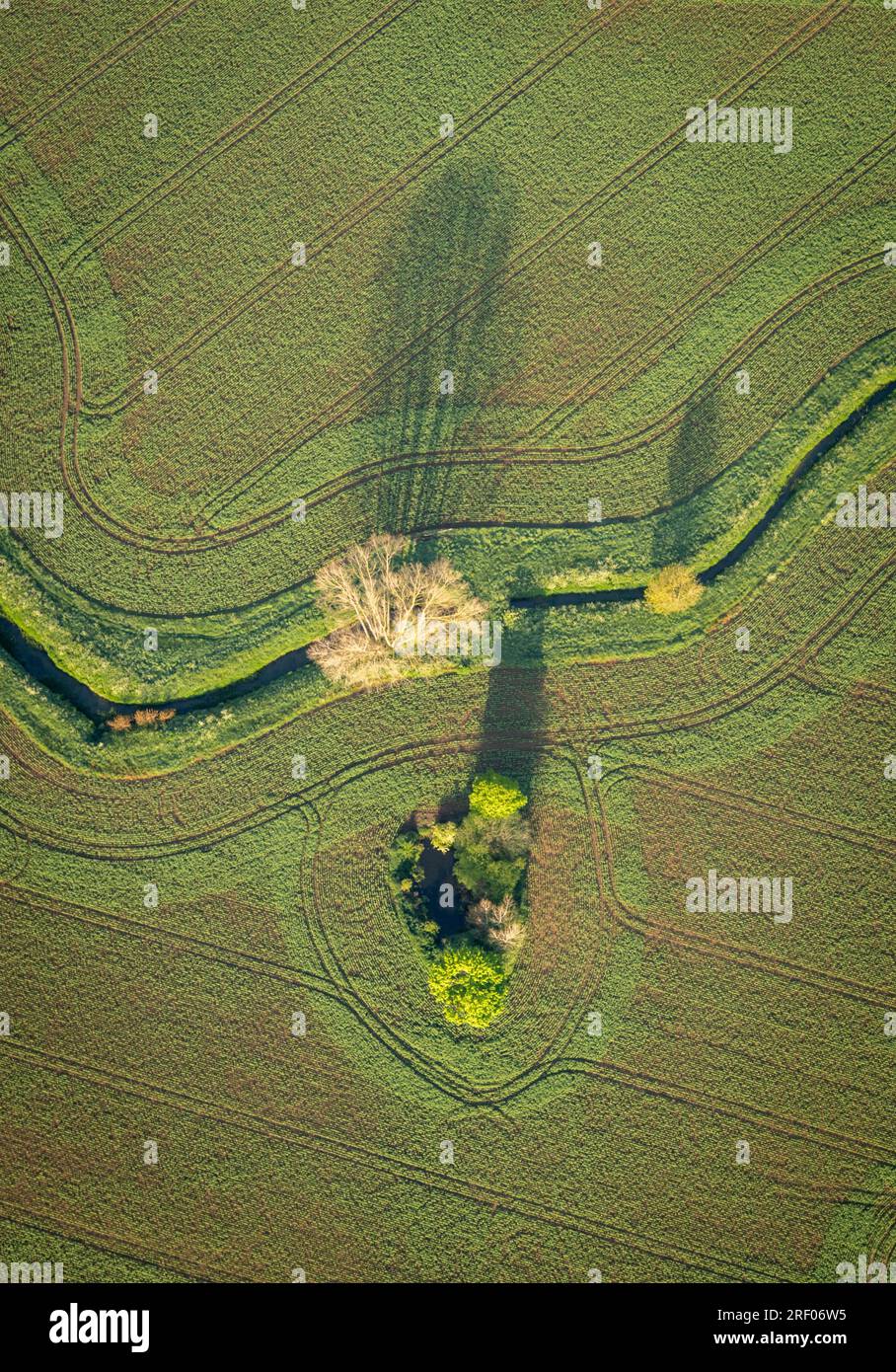 Aerial view of a field of crops with a river and trees creating long ...