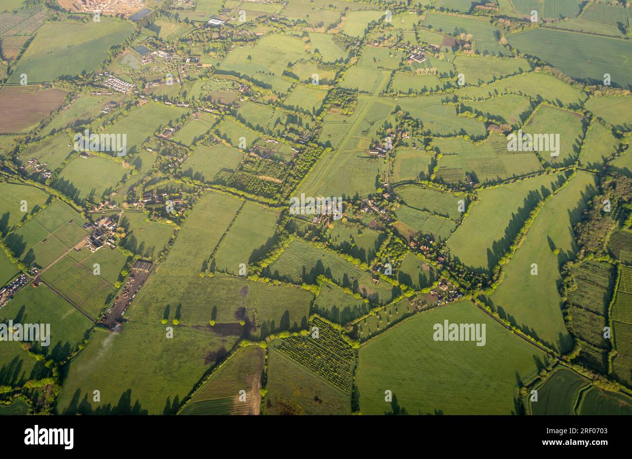 Aerial view of the fields and villages in the countryside in Kent, UK ...